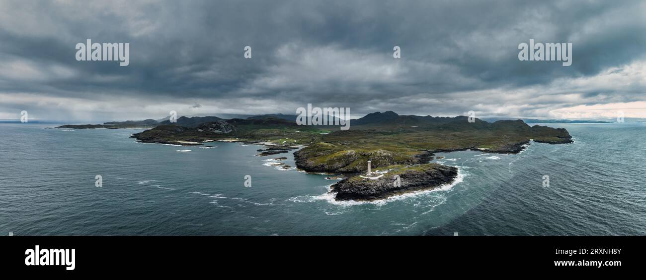 Aerial panorama of Ardnamurchan Point with the 35 metre high lighthouse ...