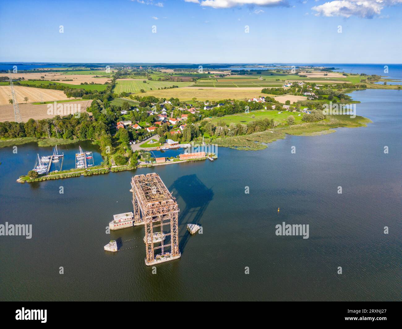 Aerial view, drone photo of the Karnin lift bridge, ruins of the Karnin ...