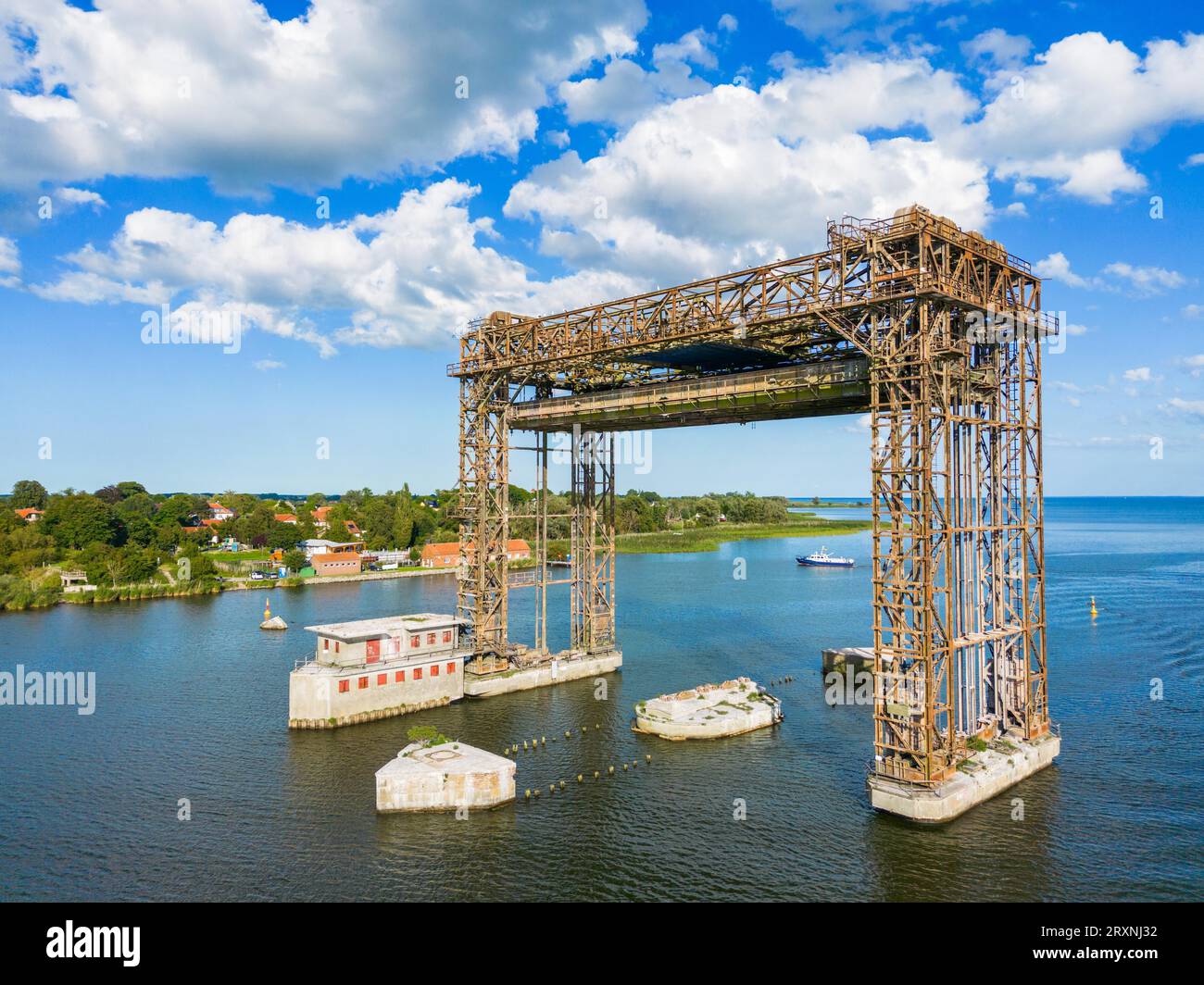 Aerial view, drone photo of the Karnin lift bridge, ruins of the Karnin ...