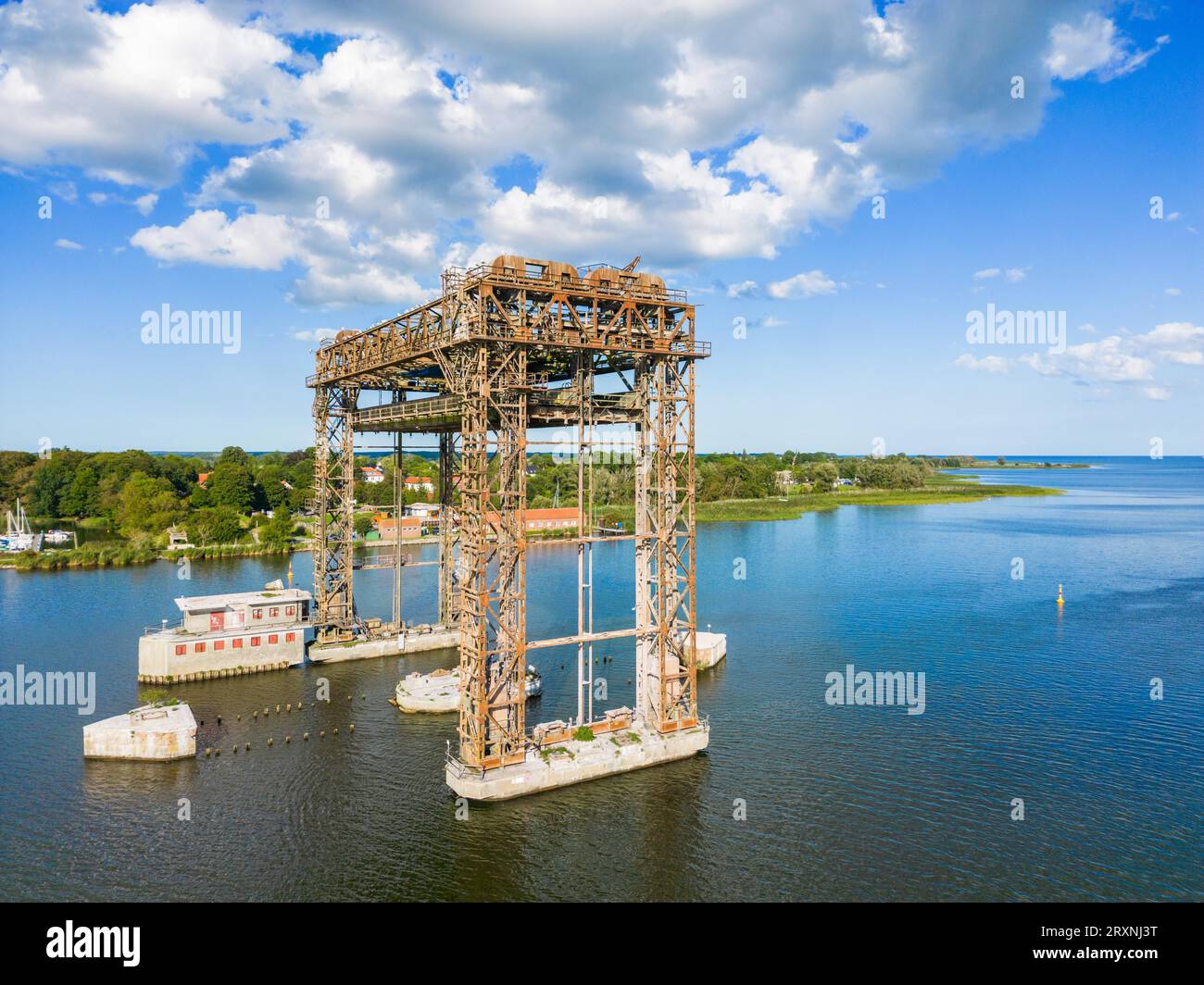 Aerial view, drone photo of the Karnin lift bridge, ruins of the Karnin ...