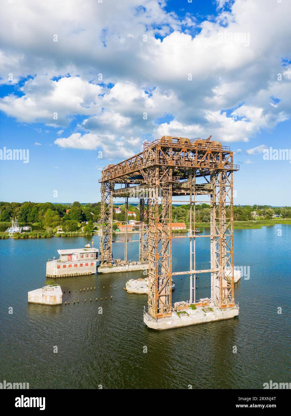 Aerial view, drone photo of the Karnin lift bridge, ruins of the Karnin ...