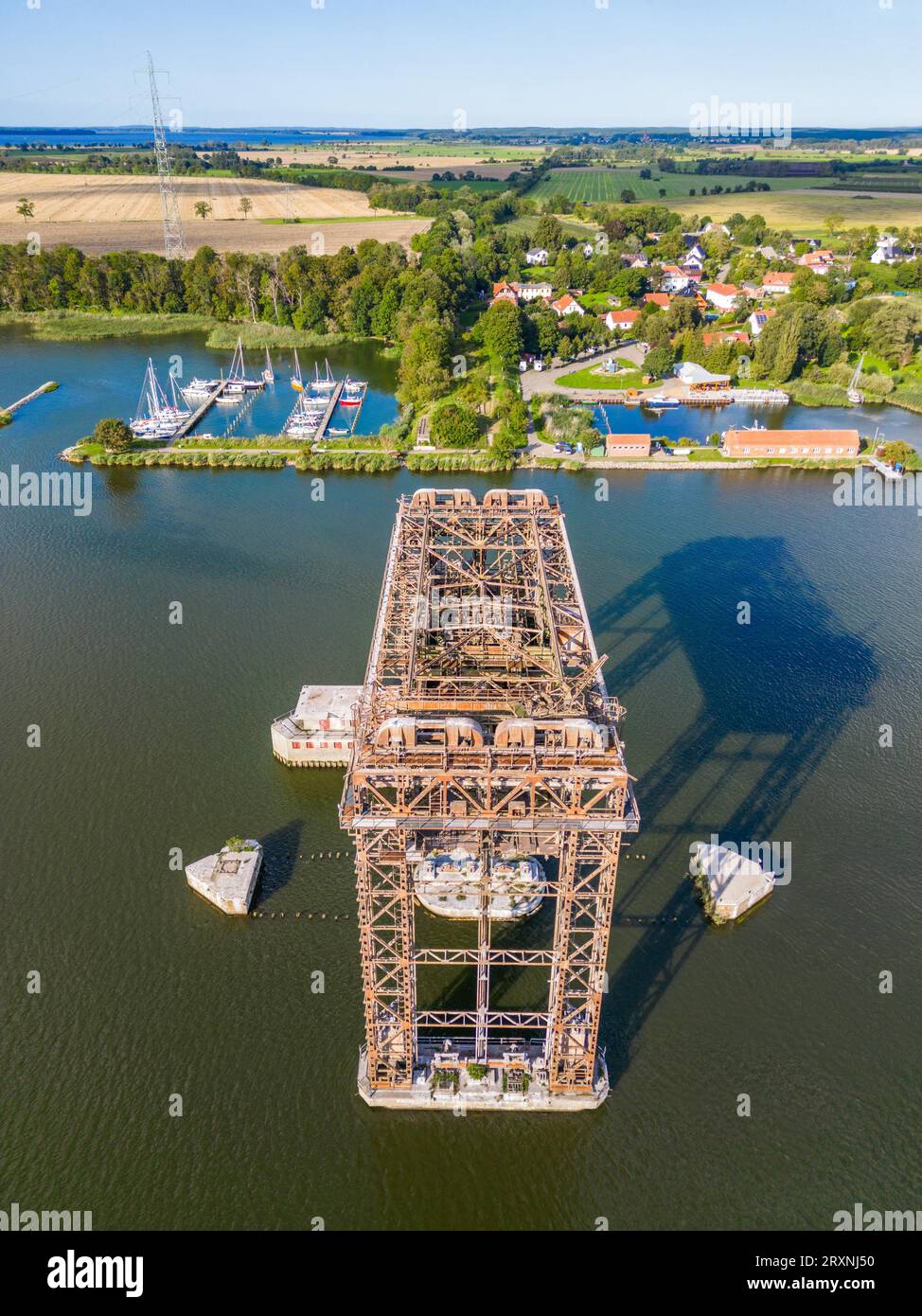 Aerial view, drone photo of the Karnin lift bridge, ruins of the Karnin ...