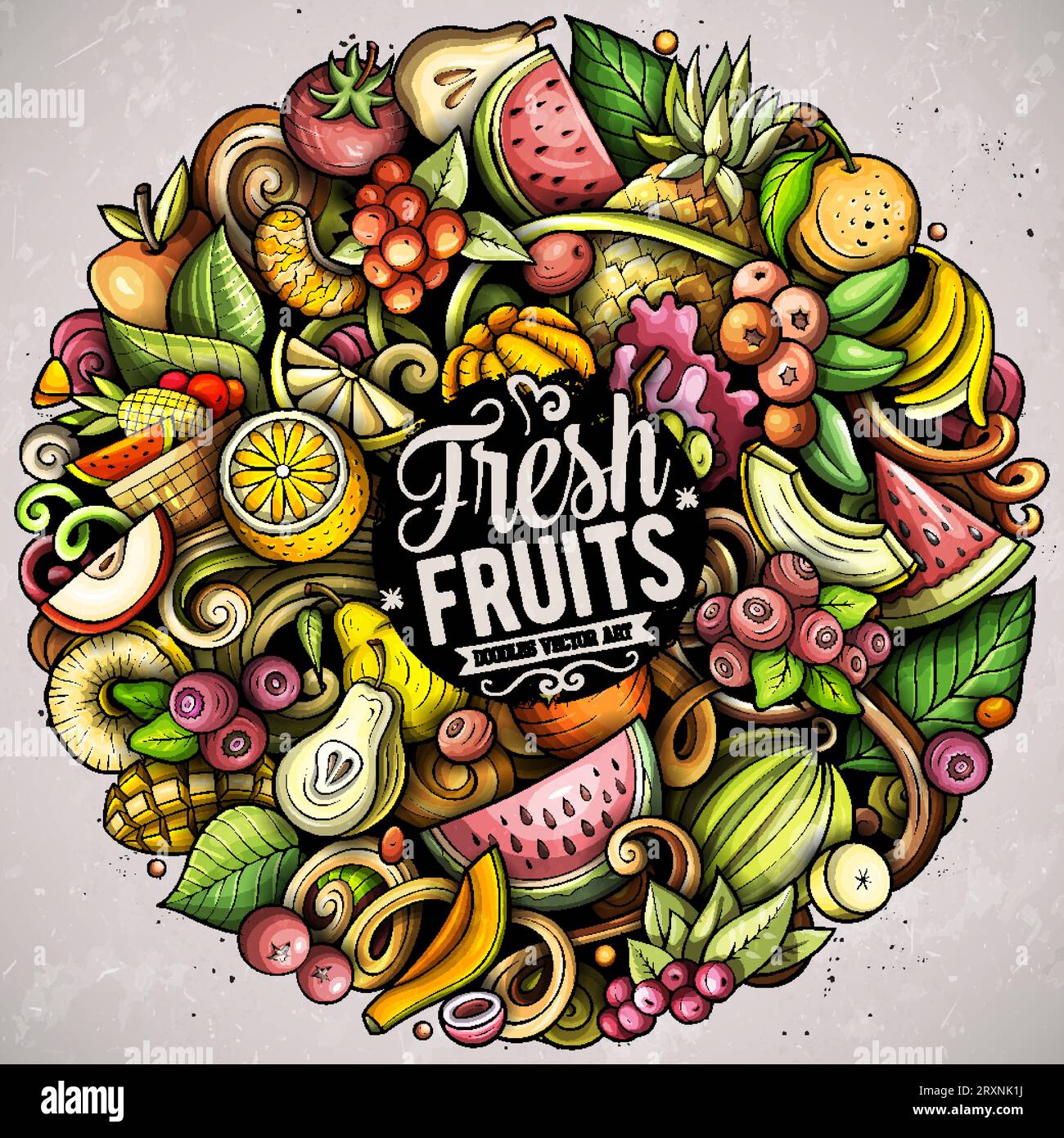 Fresh Fruits cartoon vector doodles round illustration. Nature food ...