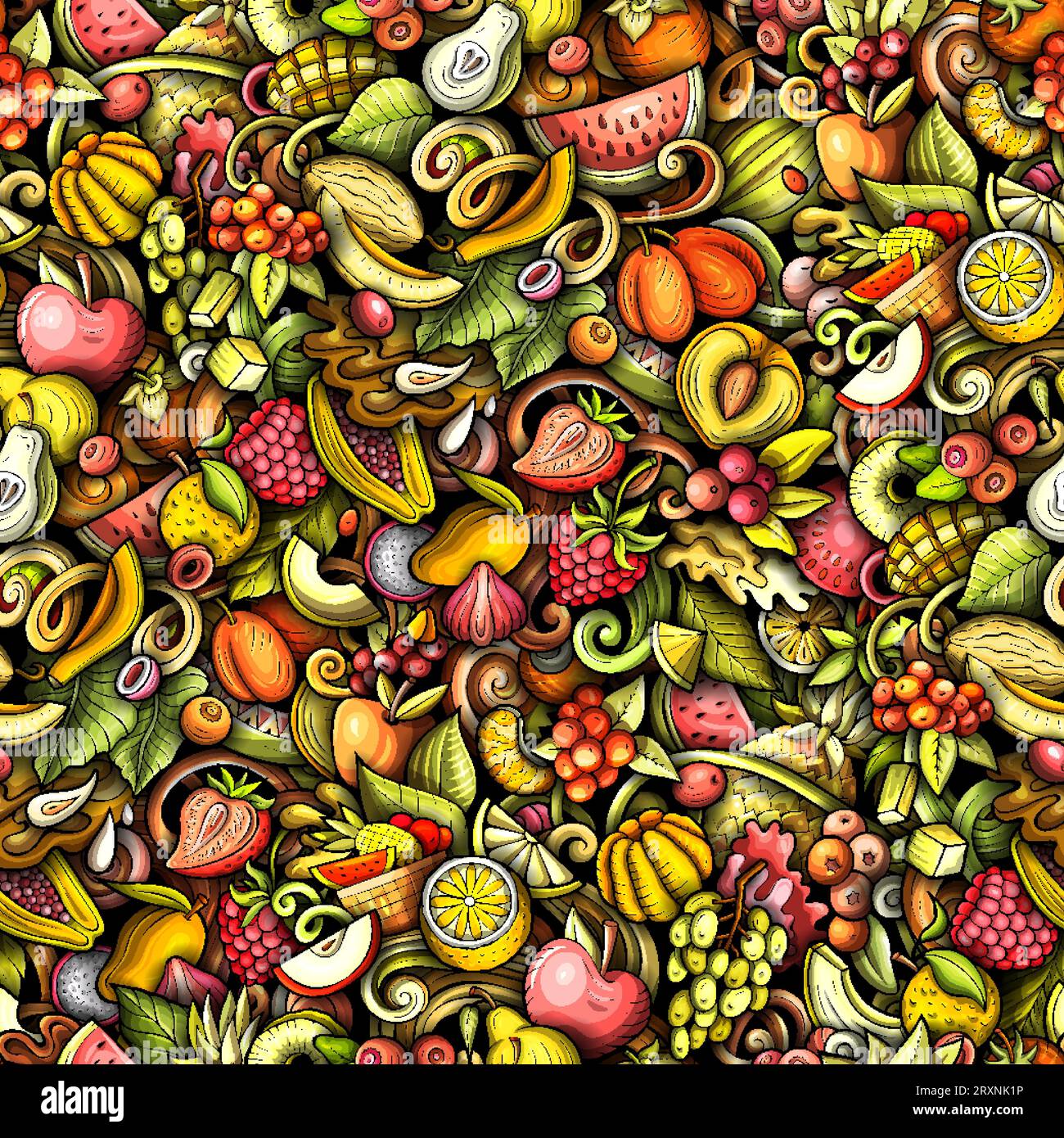 Cartoon vector doodles on the subject of Fresh Fruits seamless pattern ...