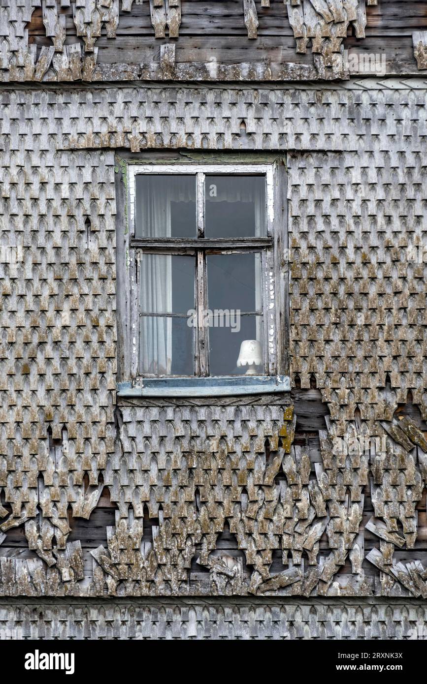 Dilapidated historic dwelling house, run-down, dilapidated, window with ...