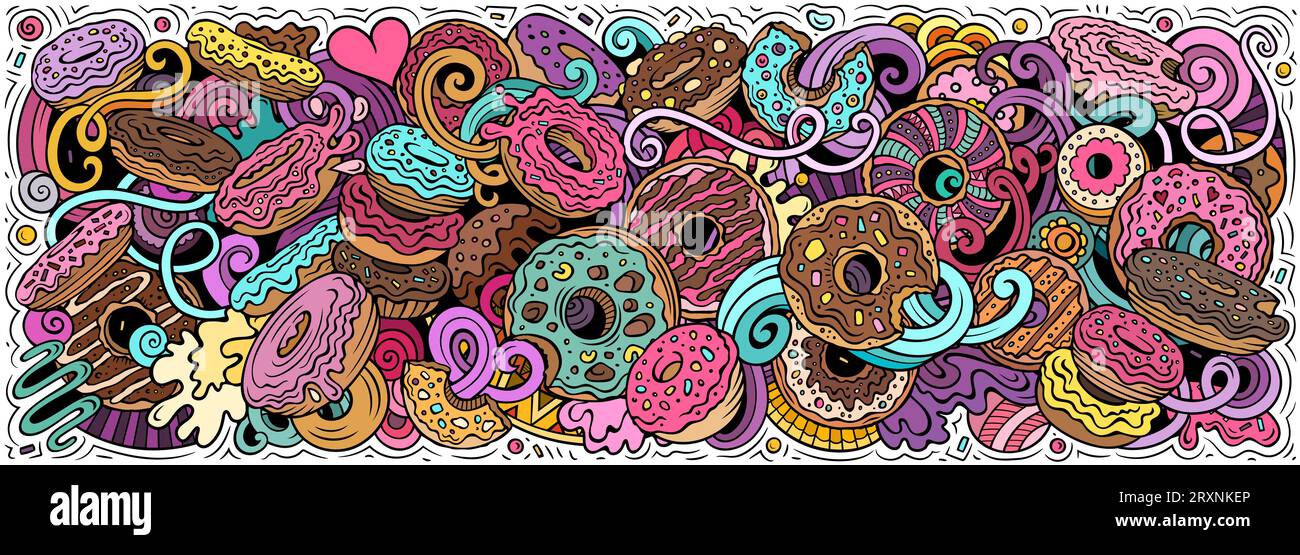 Cartoon vector Donuts doodle illustration features a variety of sweet ...