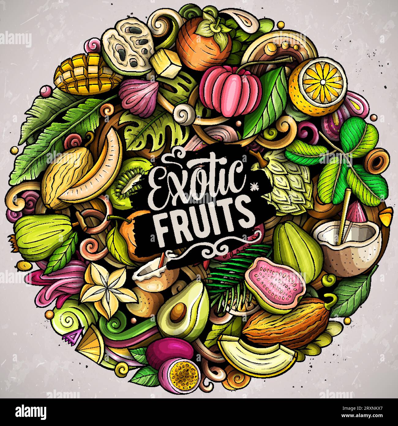 Exotic Fruits cartoon vector doodles round illustration. Tropical food ...