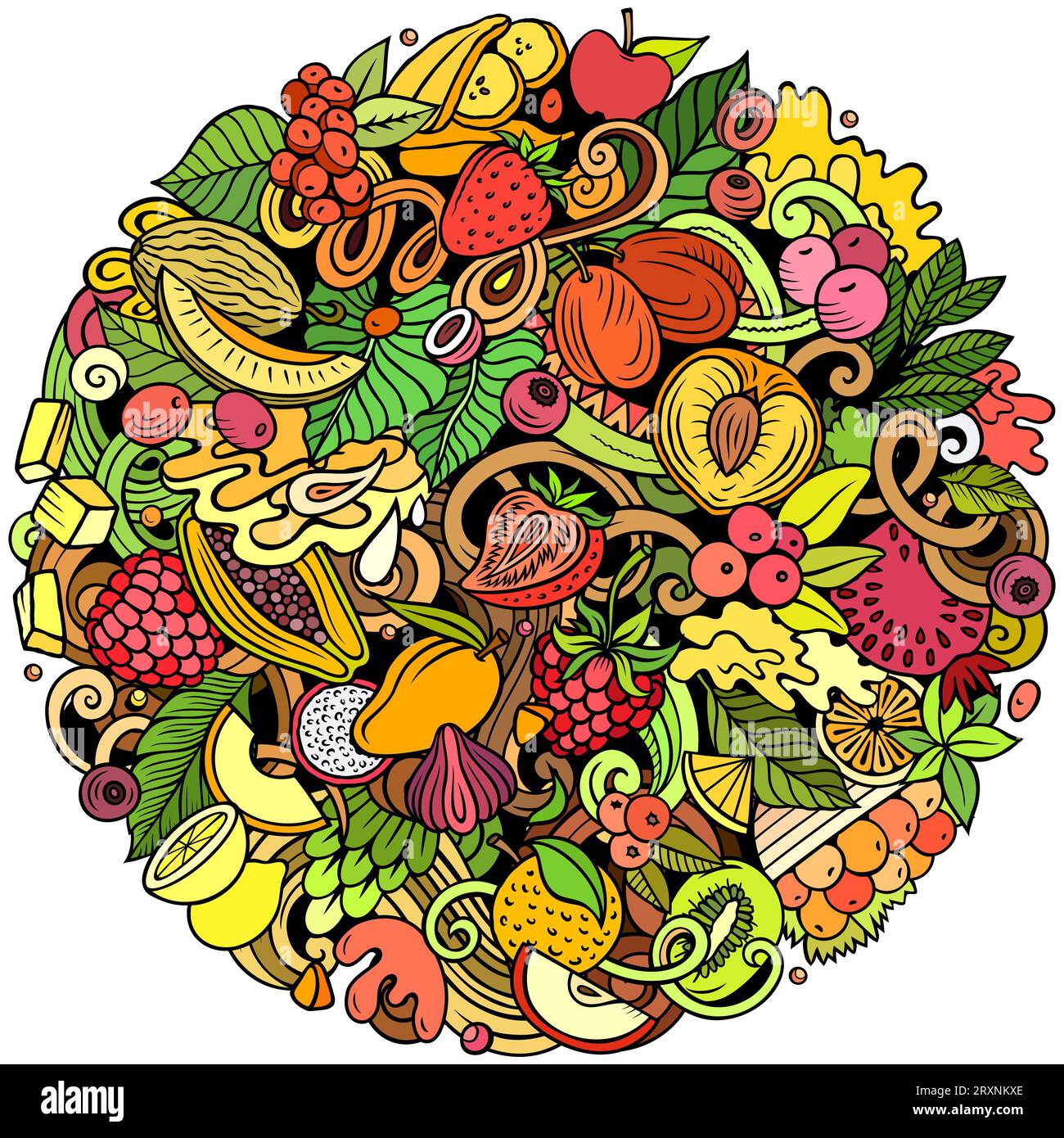 Fresh Fruits cartoon vector doodles round illustration. Nature food ...