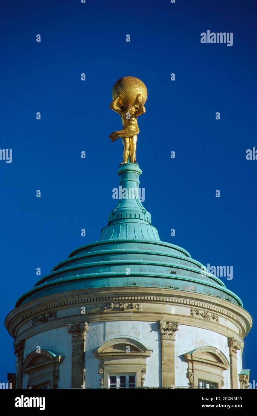 Dome of old Townhall with golden figure of atlas, /, Potsdam ...