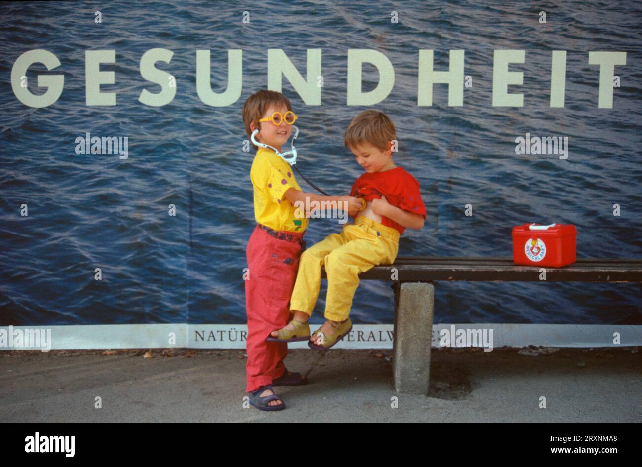 Little boys with stethoscope playing doctor, /, Bavaria, Germany ...