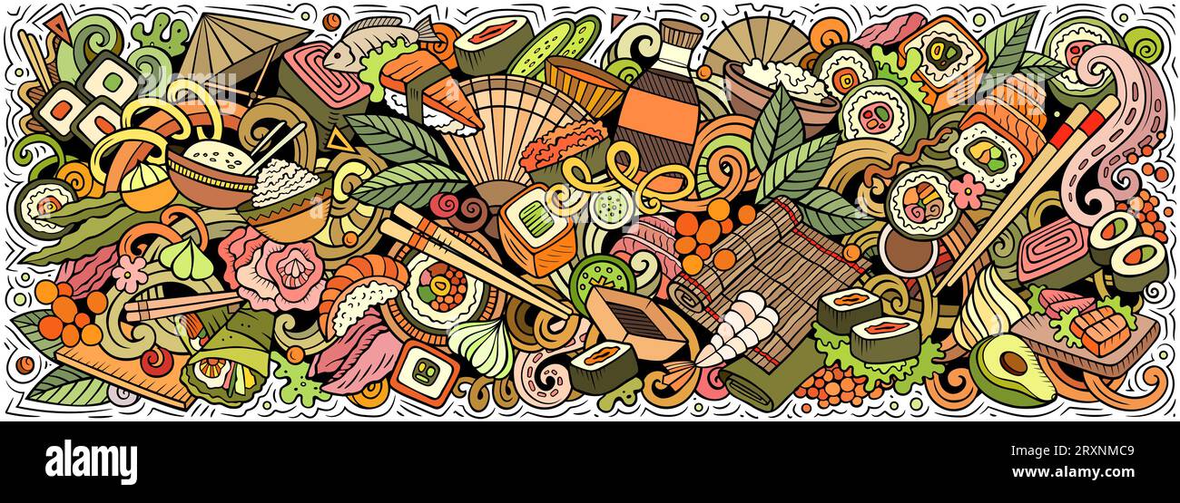 Cartoon vector Sushi doodle illustration features a variety of Japanese ...