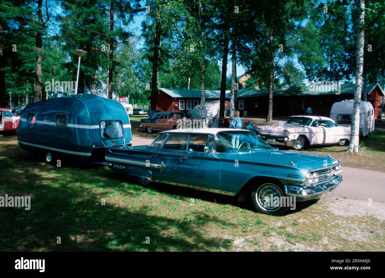 Oldtimer with trailer on campground, Rattvik, Sweden, Oldtimer with ...