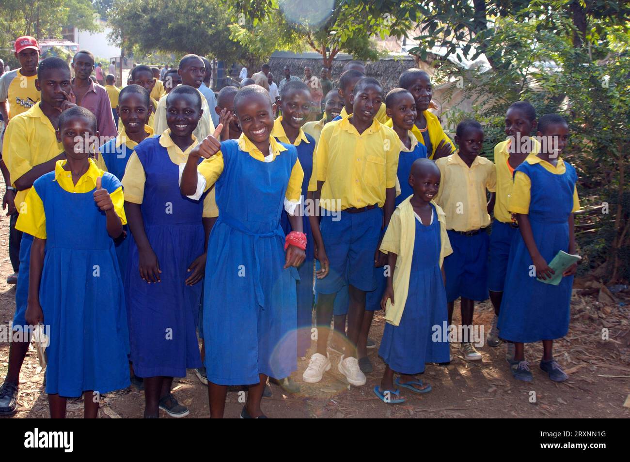 Schoolchildren in school uniform in woodcarving village, Mombasa, Kenya ...