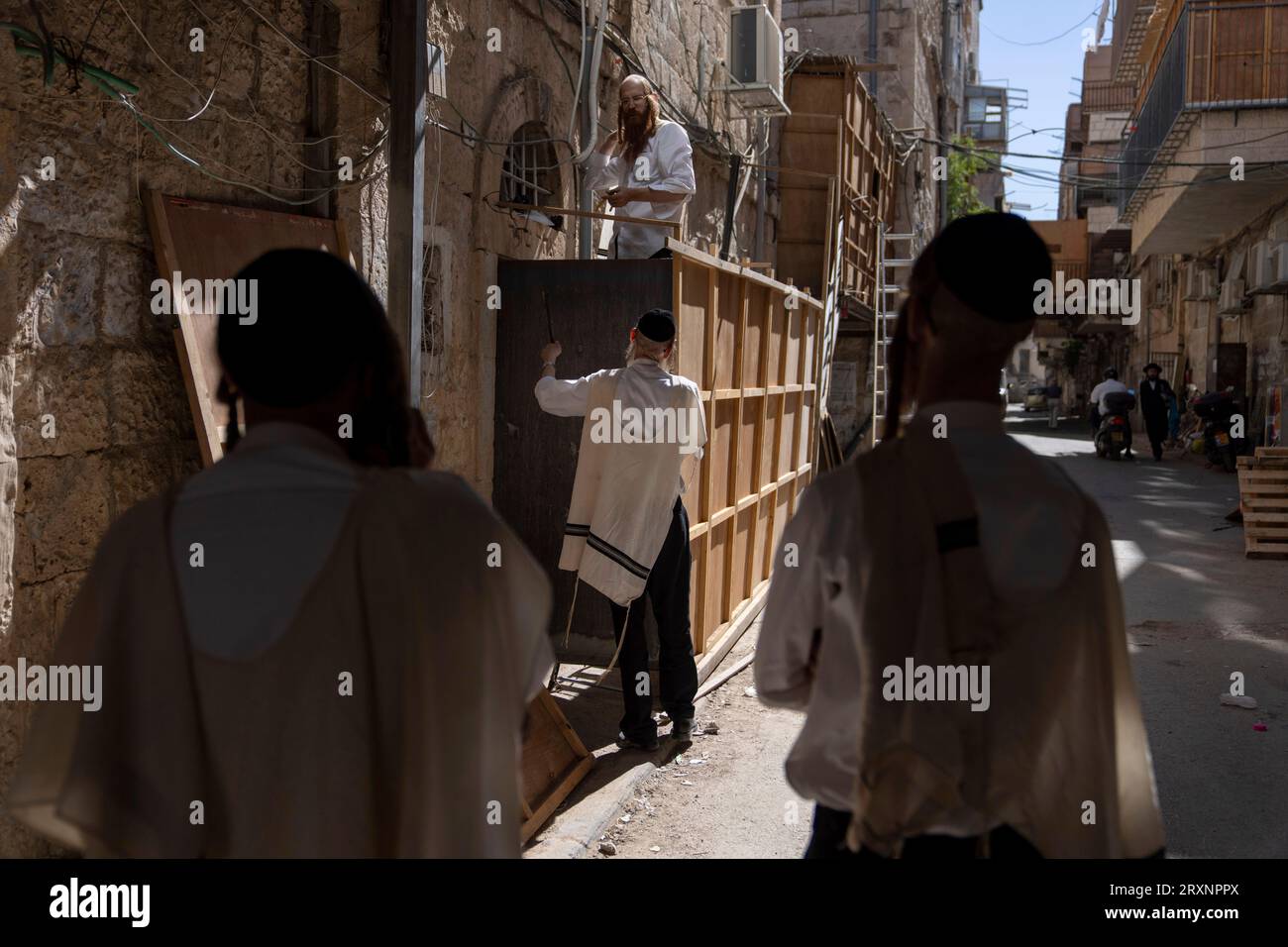 Ultra-orthodox Jews build a Sukkah, a temporary structure built for the ...