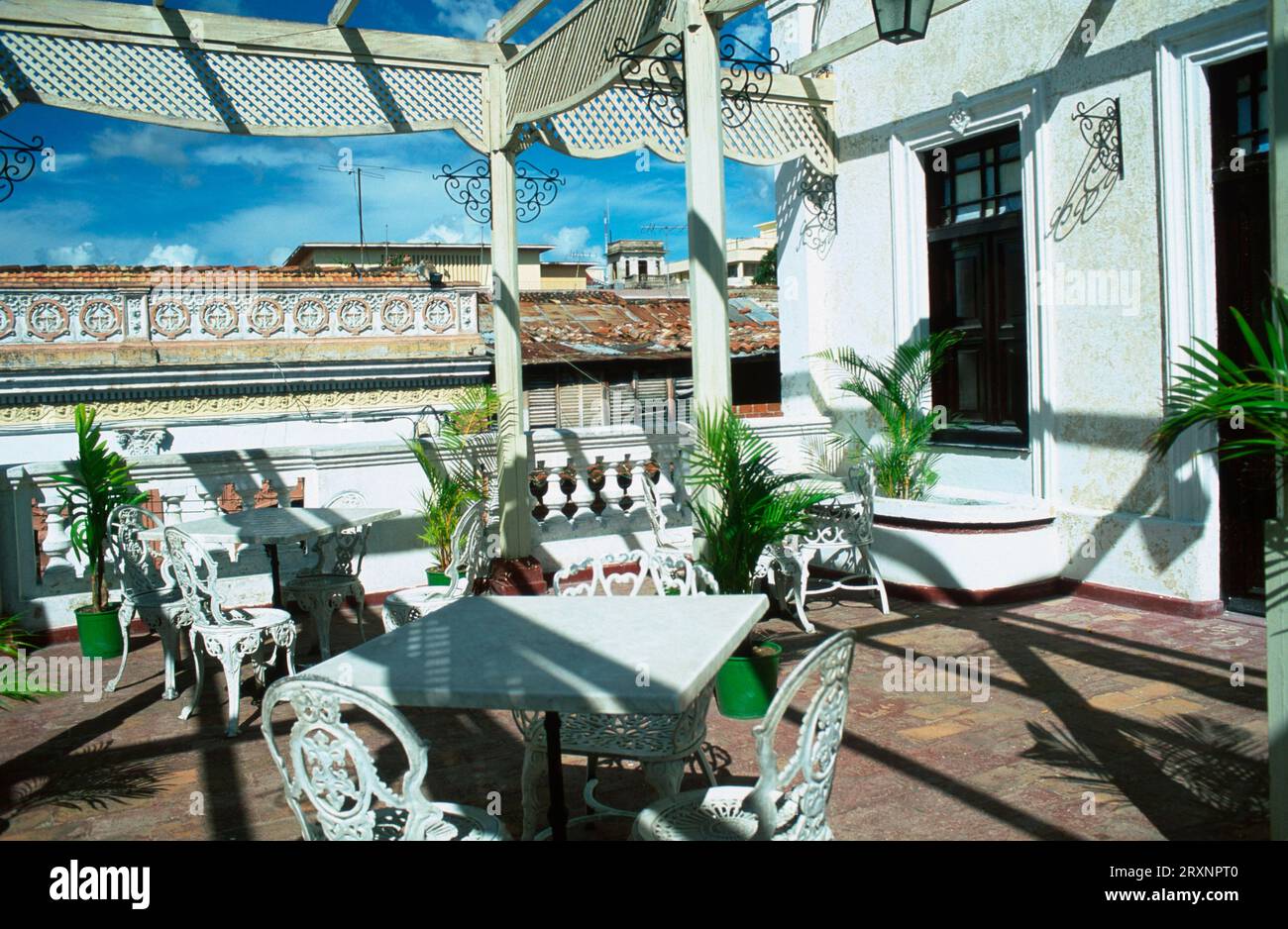 Roof terrace of the restaurant 'Santiago 1900', Santiago de Cuba, Cuba ...