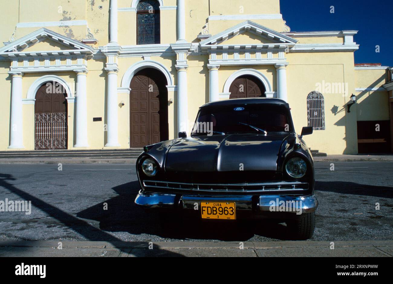 Vintage car, Ford in front of cathedral de la Purisima Concepcion ...
