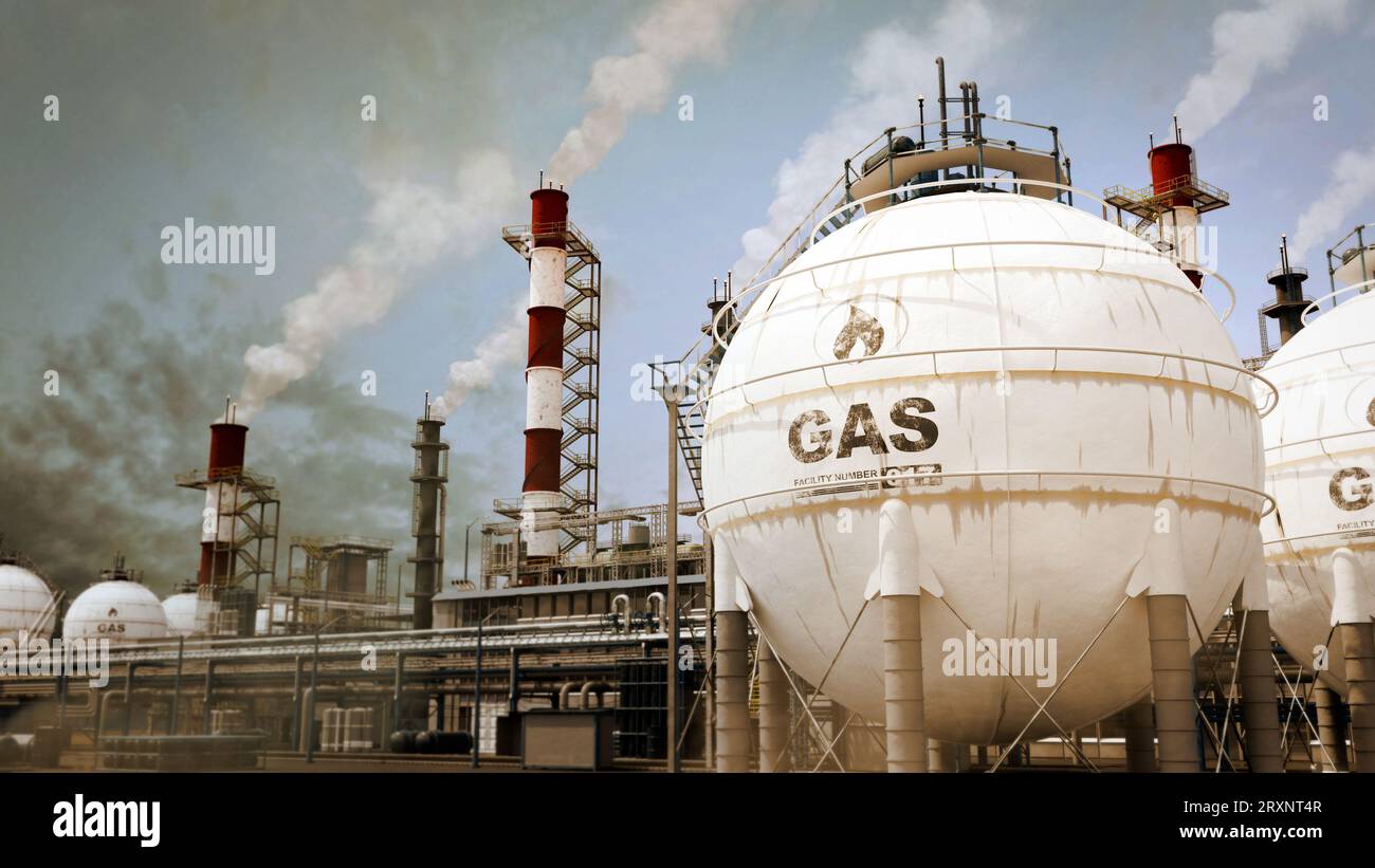 natural gas or LNG storage tanks on refinery or processing plant ...