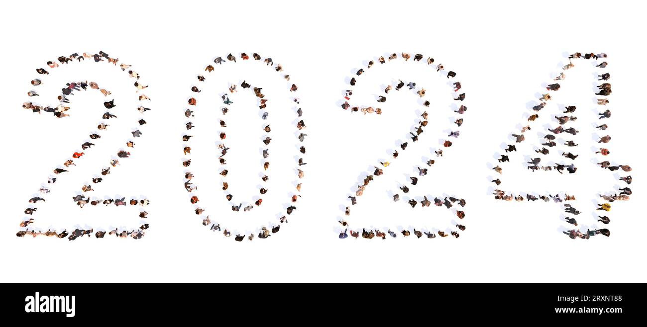 Concept or conceptual large community of people forming 2024 year. 3d ...