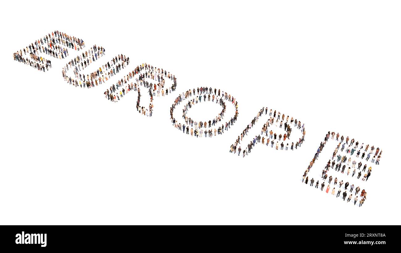 Concept or conceptual large community of people forming EUROPE word. 3d ...