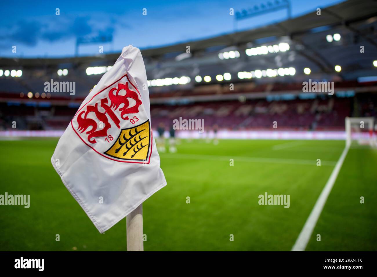 Bundesliga football, stadium, corner flag, marking, VfB logo, turf, blue hour, MHPArena, MHP ...