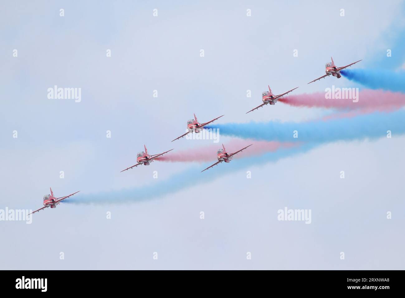 The Royal Air Force Aerobatic team, The Red Arrows displaying overhead ...
