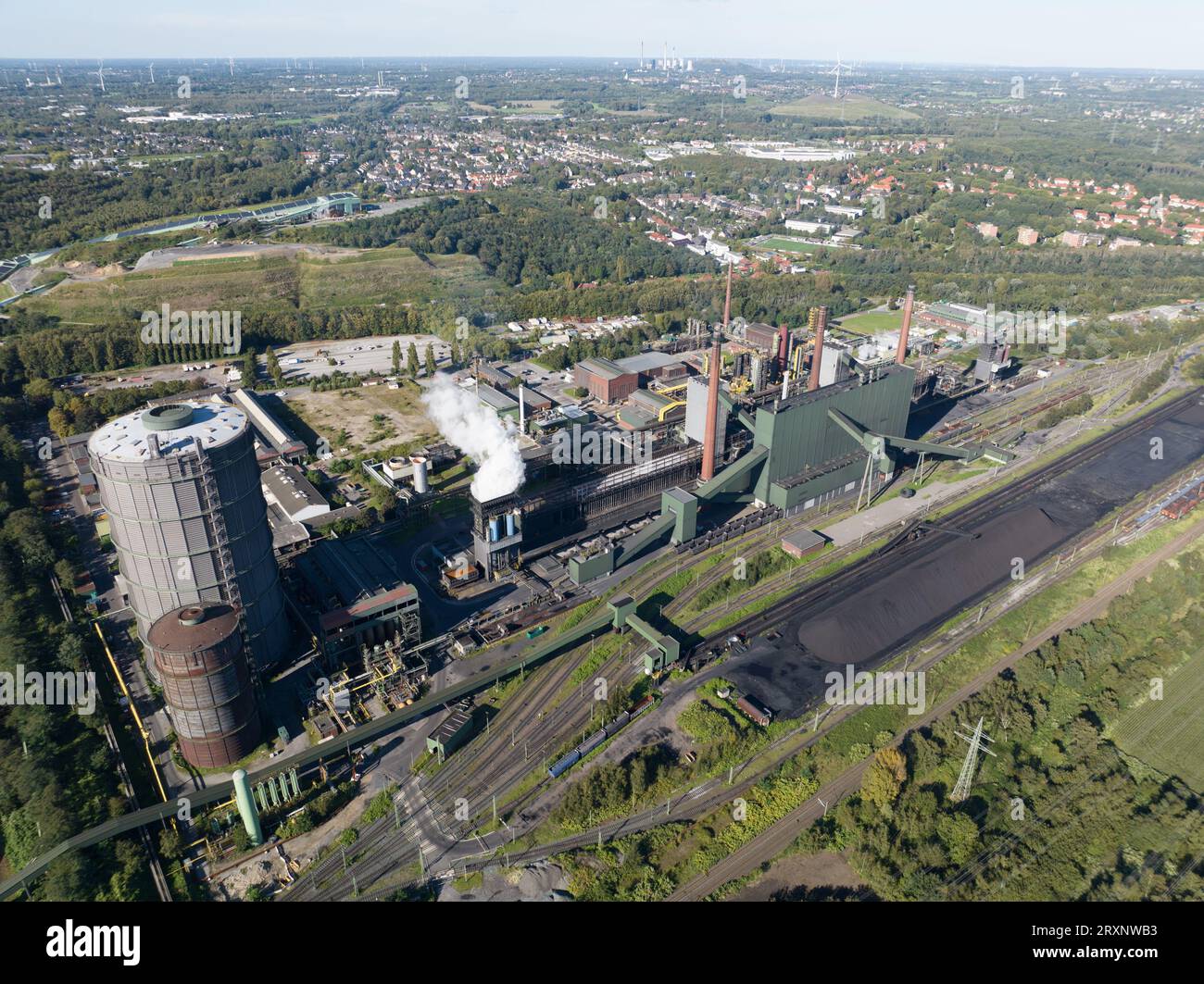 Aerial drone view of a cokes plant, special heat treatment to make coal ...