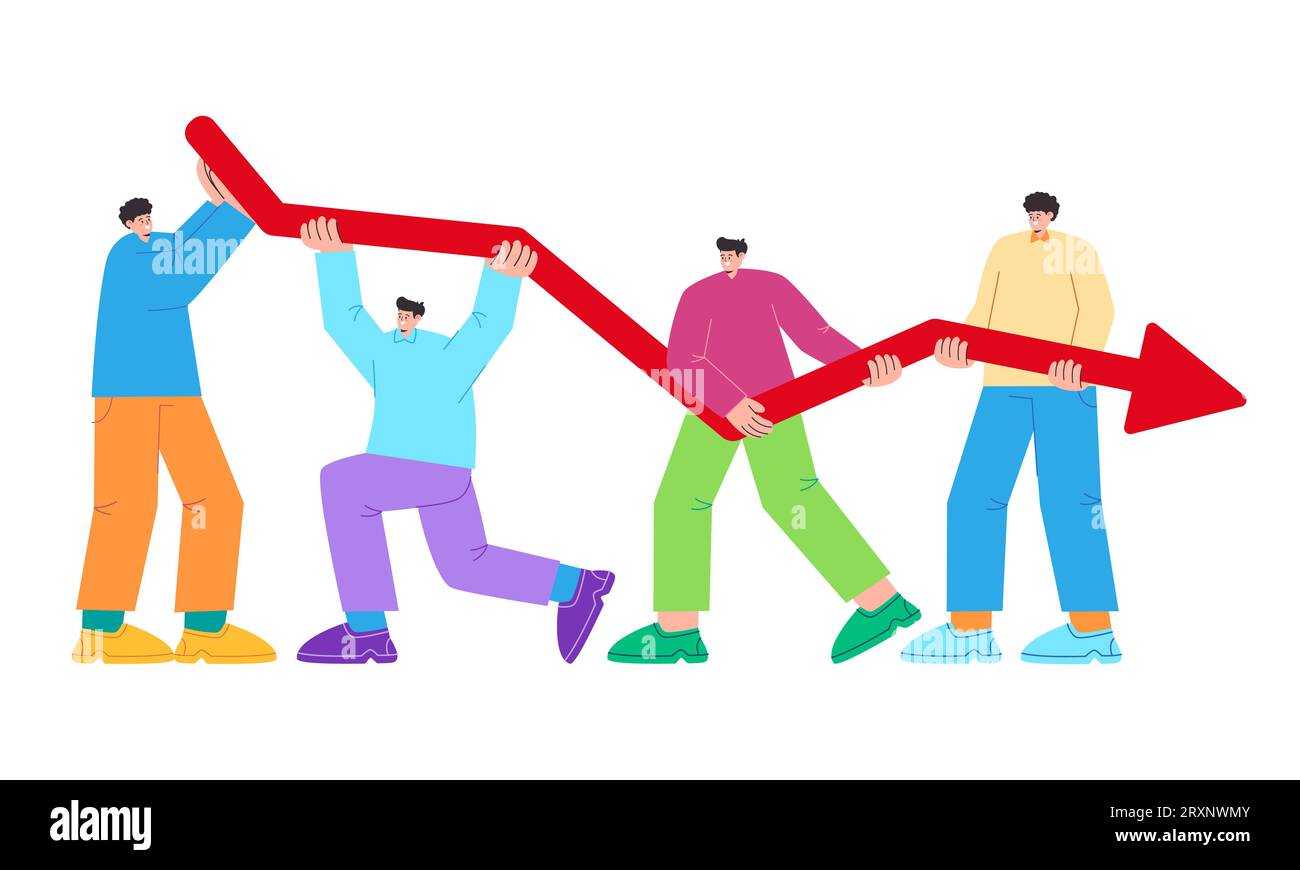 Together holding chart decrease going down arrow red cooperation teamwork colorful action teen ...