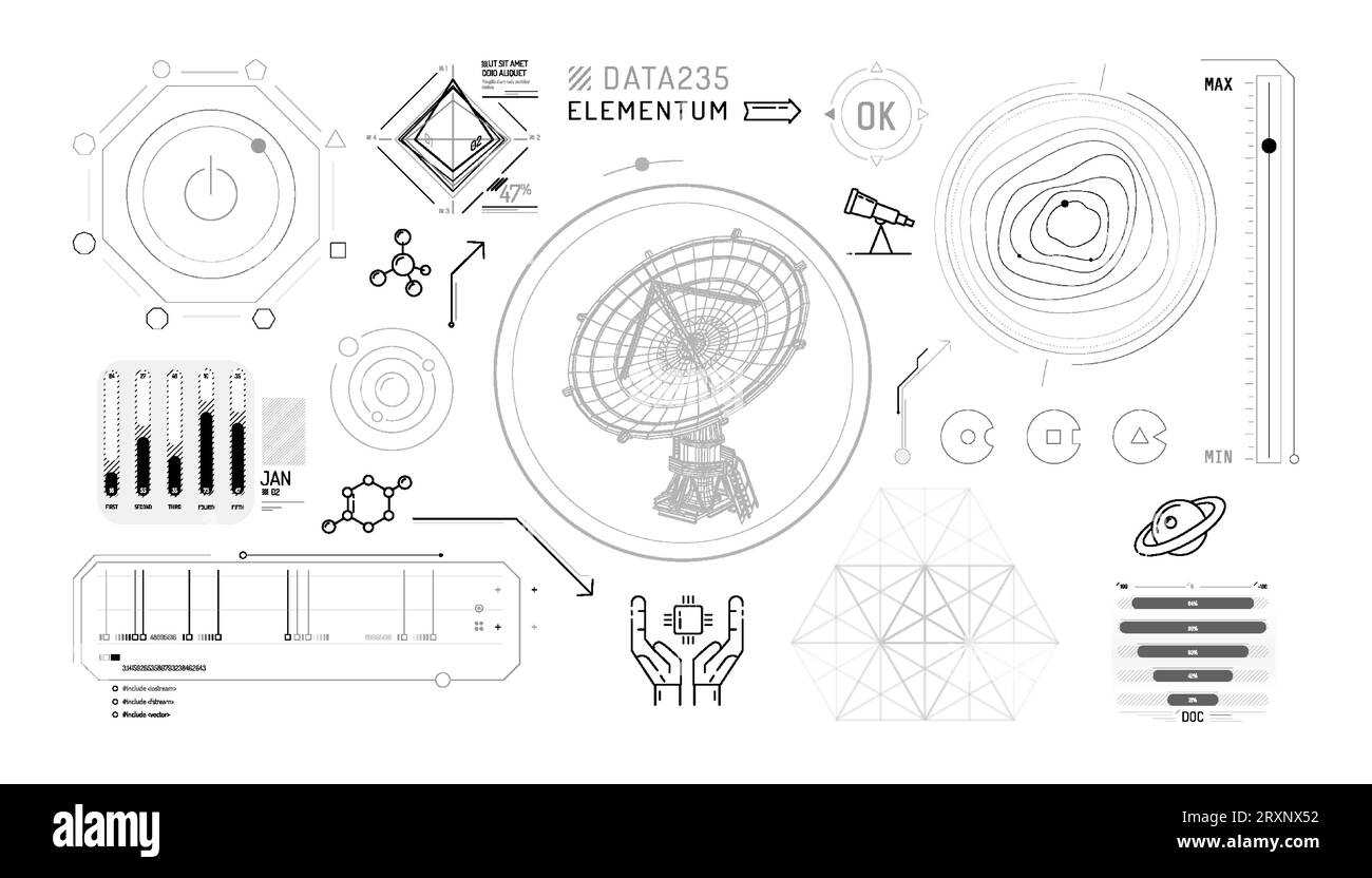 Set of infographic elements about radio astronomy and space observation ...