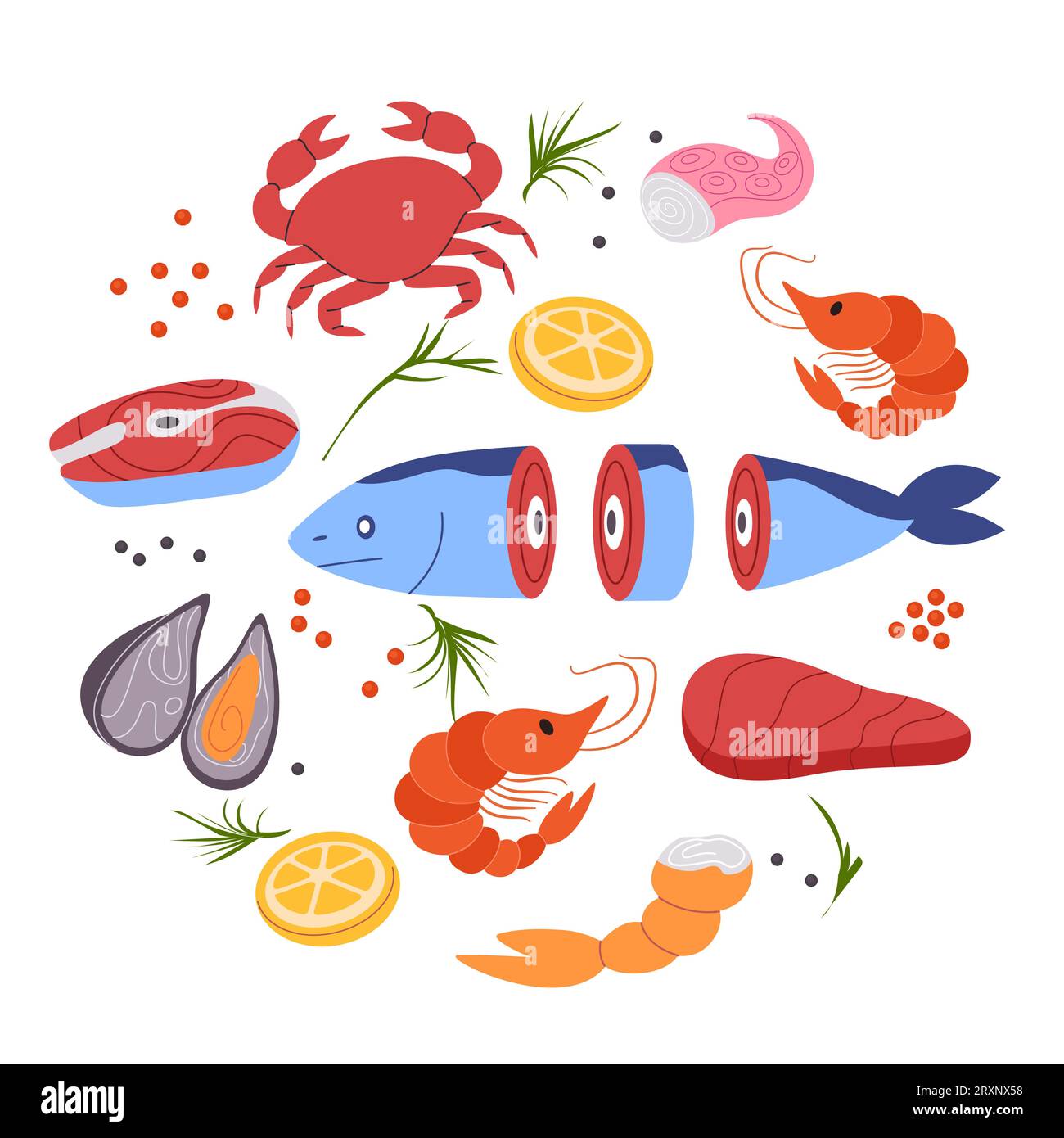 seafood collection set vector drawing illustration flat of fish shrimp ...