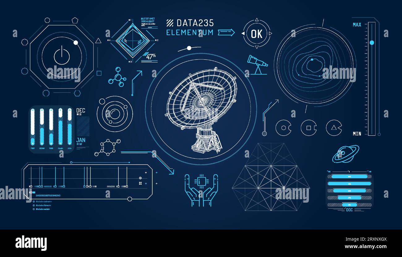 Set of infographic elements about radio astronomy and space observation ...