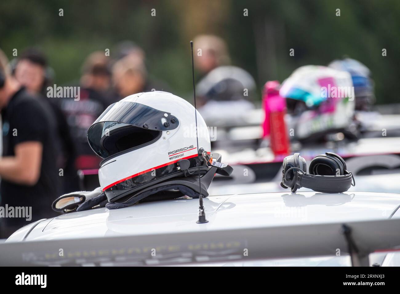 Porsche logo on a helmet during Saturday's Porsche Carrera Cup in the ...