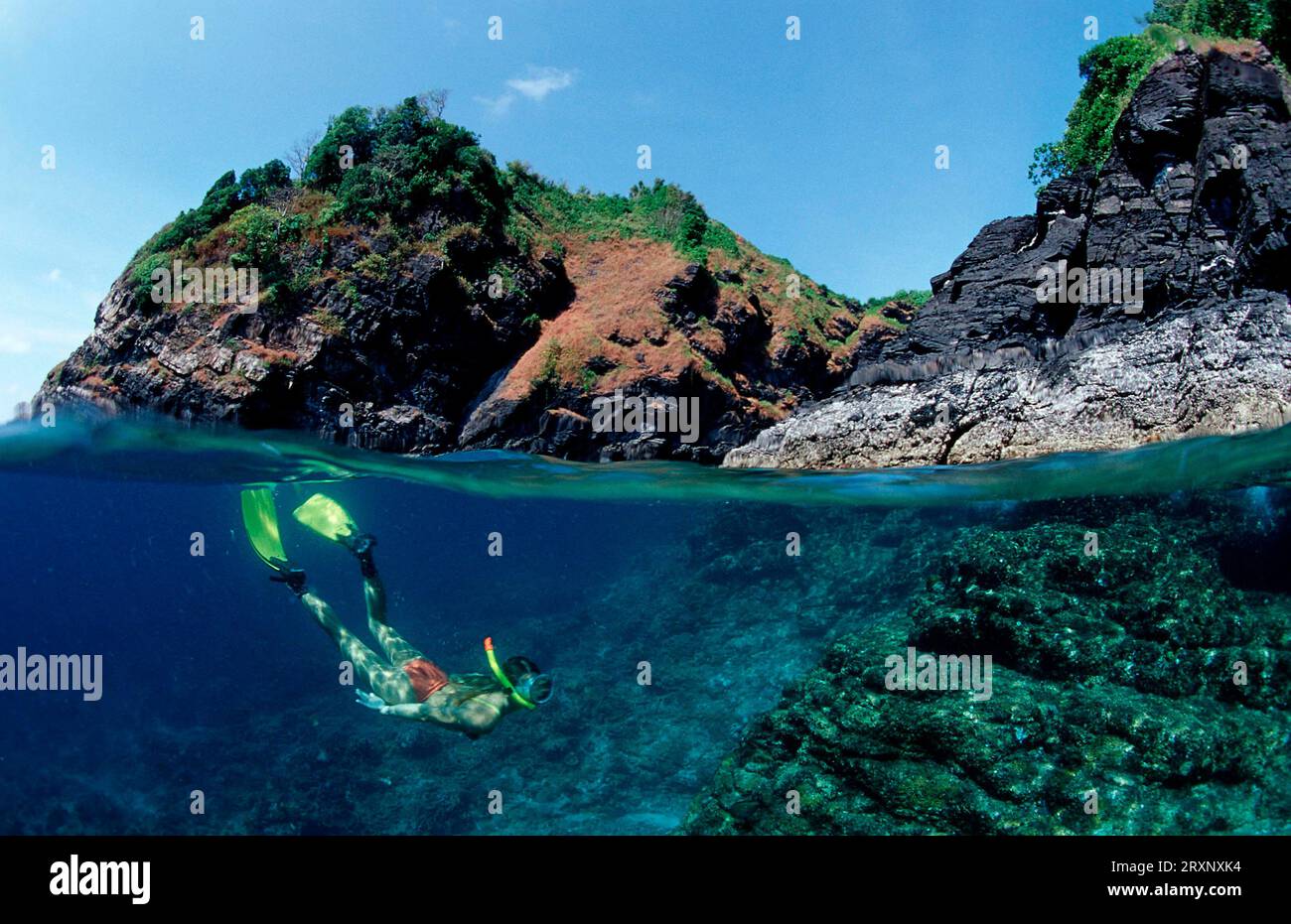 Snorkler in front of island, Burma, Snorkler in front of island ...