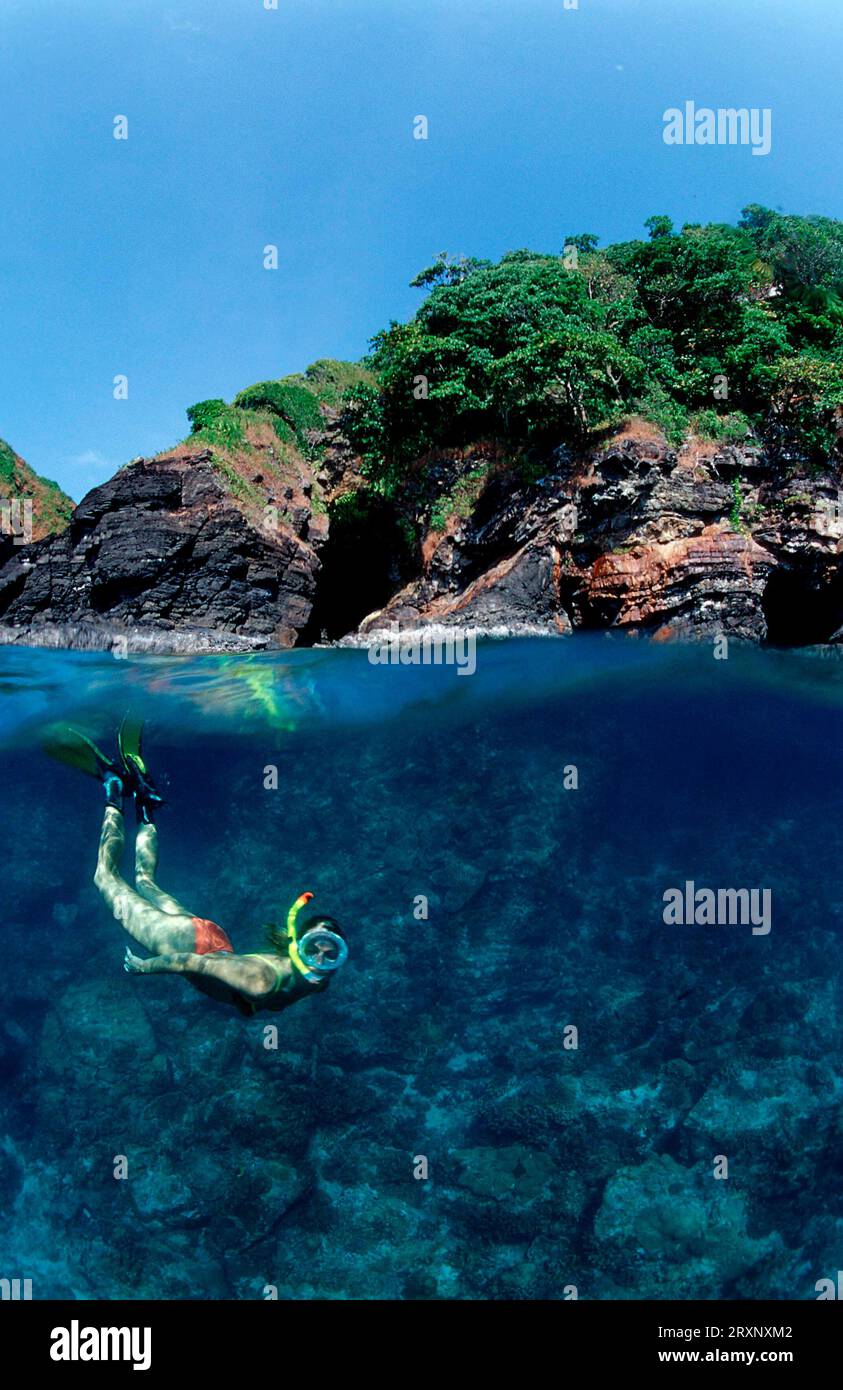Snorkler in front of island, Burma, Snorkler in front of island ...