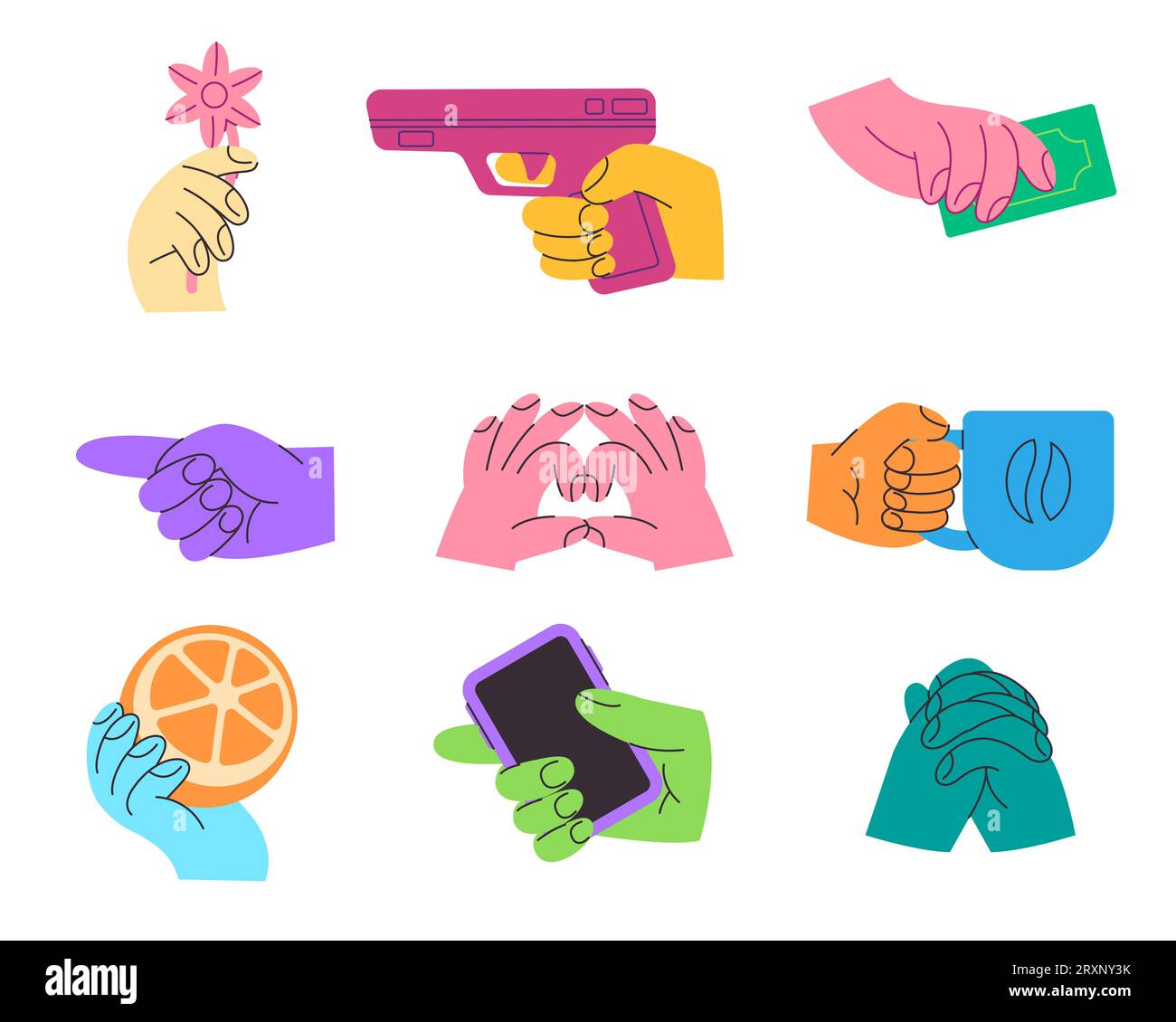 Hand gesture set collection of symbol cartoon illustration hand holding object and making sign ...