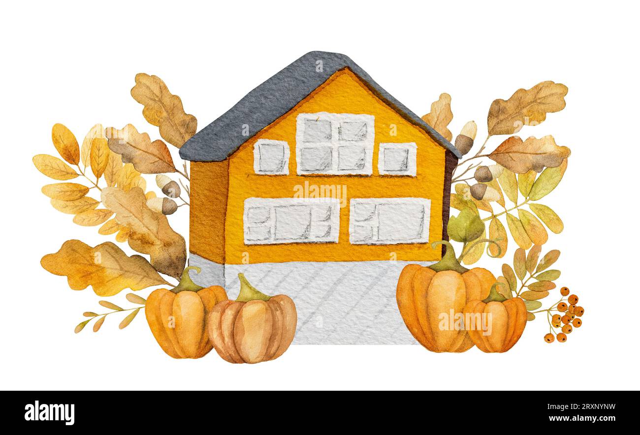 Autumn cartoon house with oak leaves, mushrooms and acorns watercolor ...