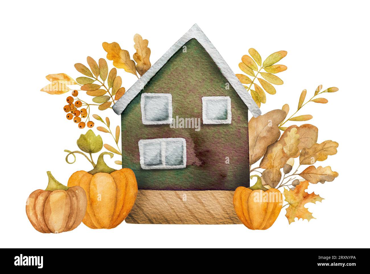 Autumn cartoon house with oak leaves, mushrooms and acorns watercolor ...
