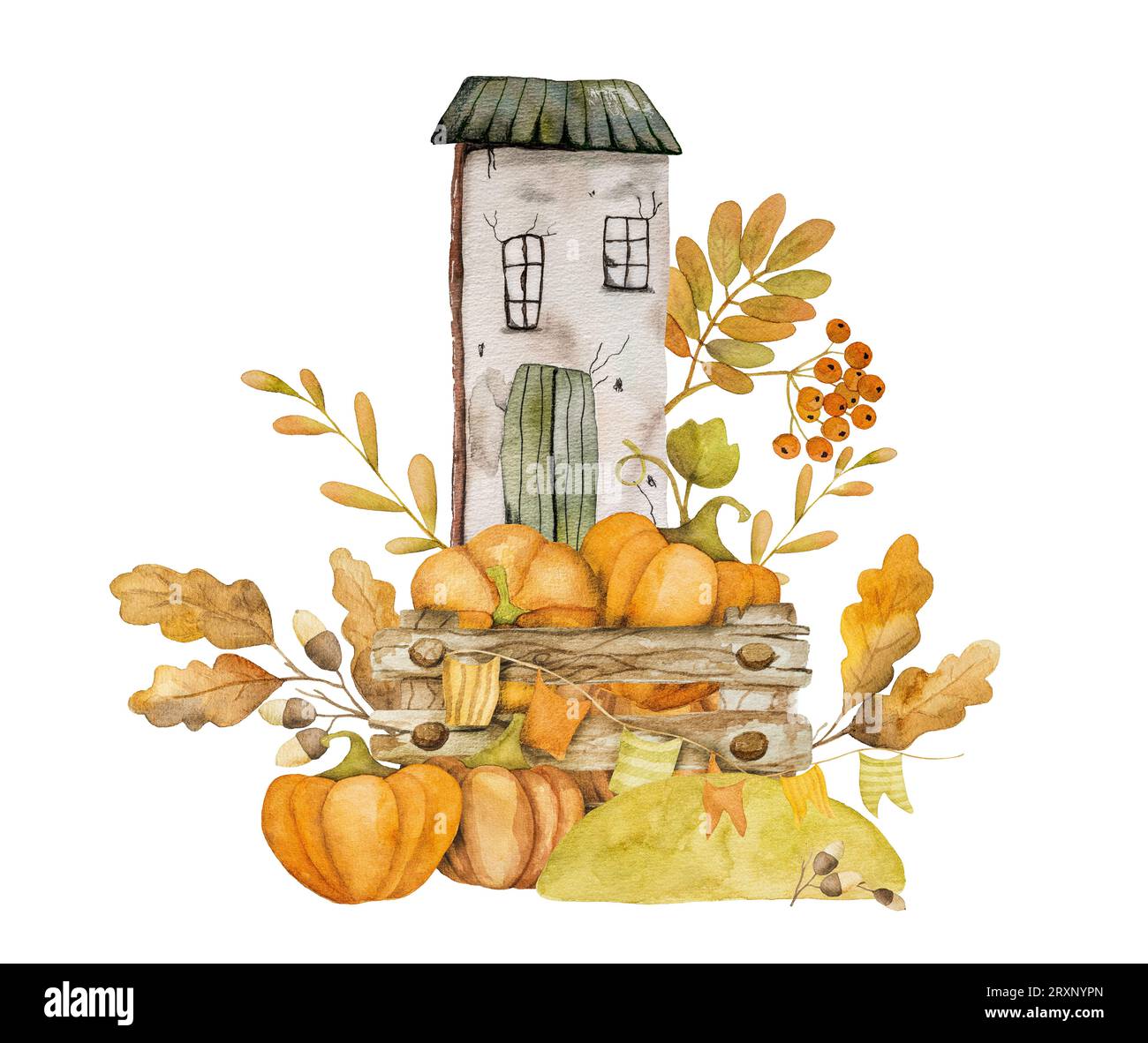 Autumn cartoon house with oak leaves, mushrooms and acorns watercolor ...