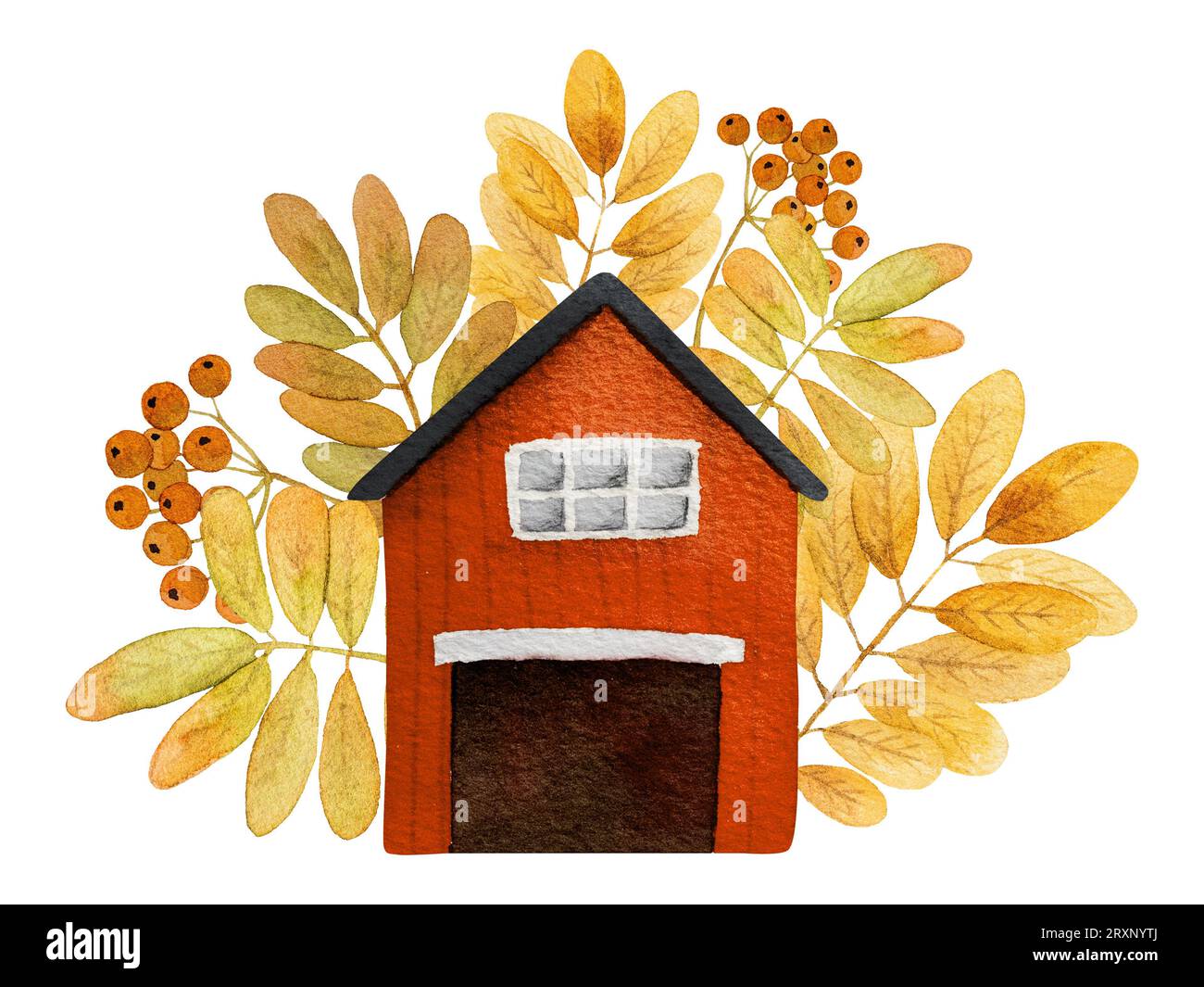 Autumn cartoon house with oak leaves, mushrooms and acorns watercolor ...