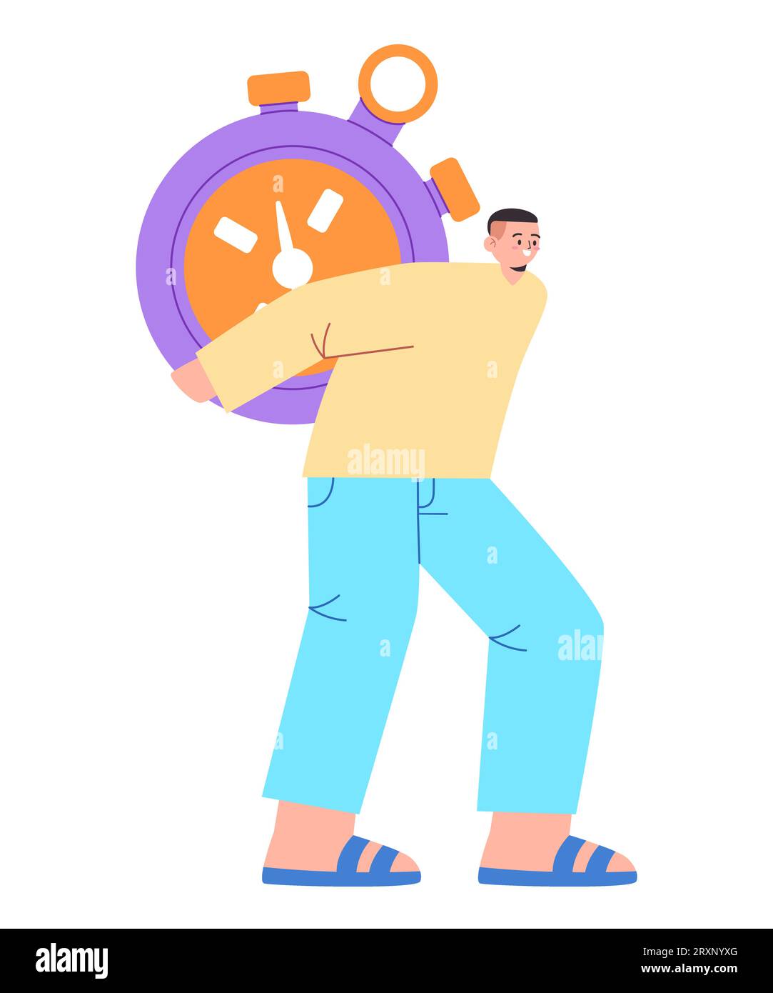 Man bring heavy clock stopwatch time pressure overwork overload concept ...