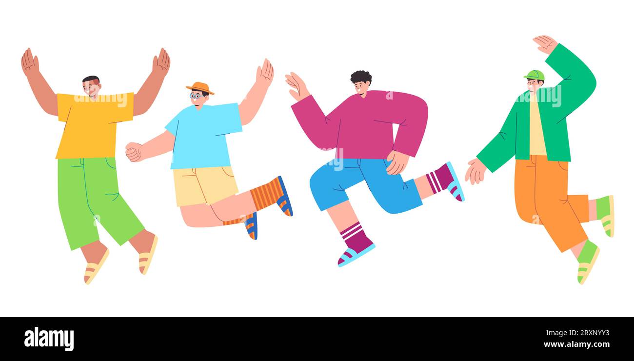 Friends together fun jump joy fun cartoon colorful group of male man ...