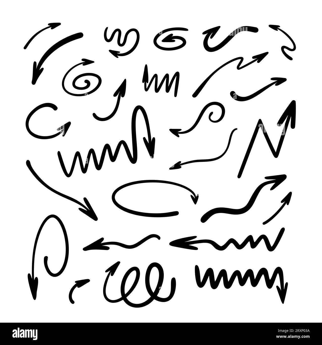 Arrows set simple hand drawn vector illustration, free form curved, straight signs pointing ...