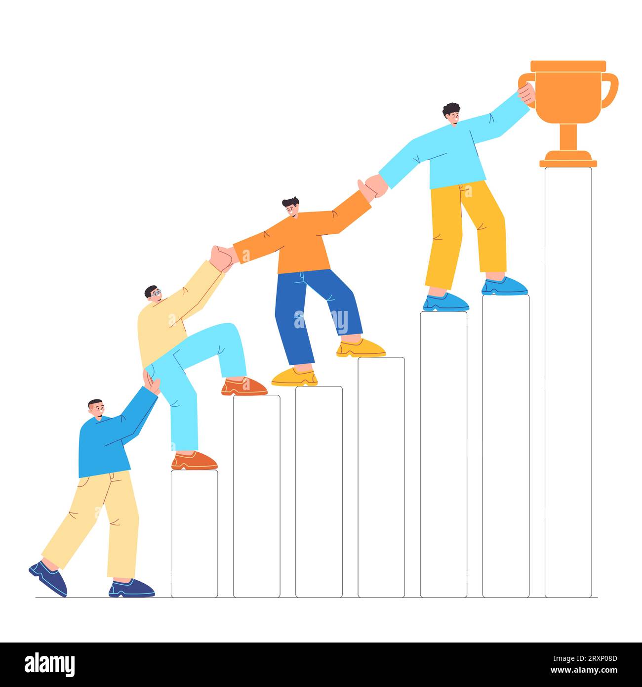 Teamwork working together achieve trophy help other climb step stair ...