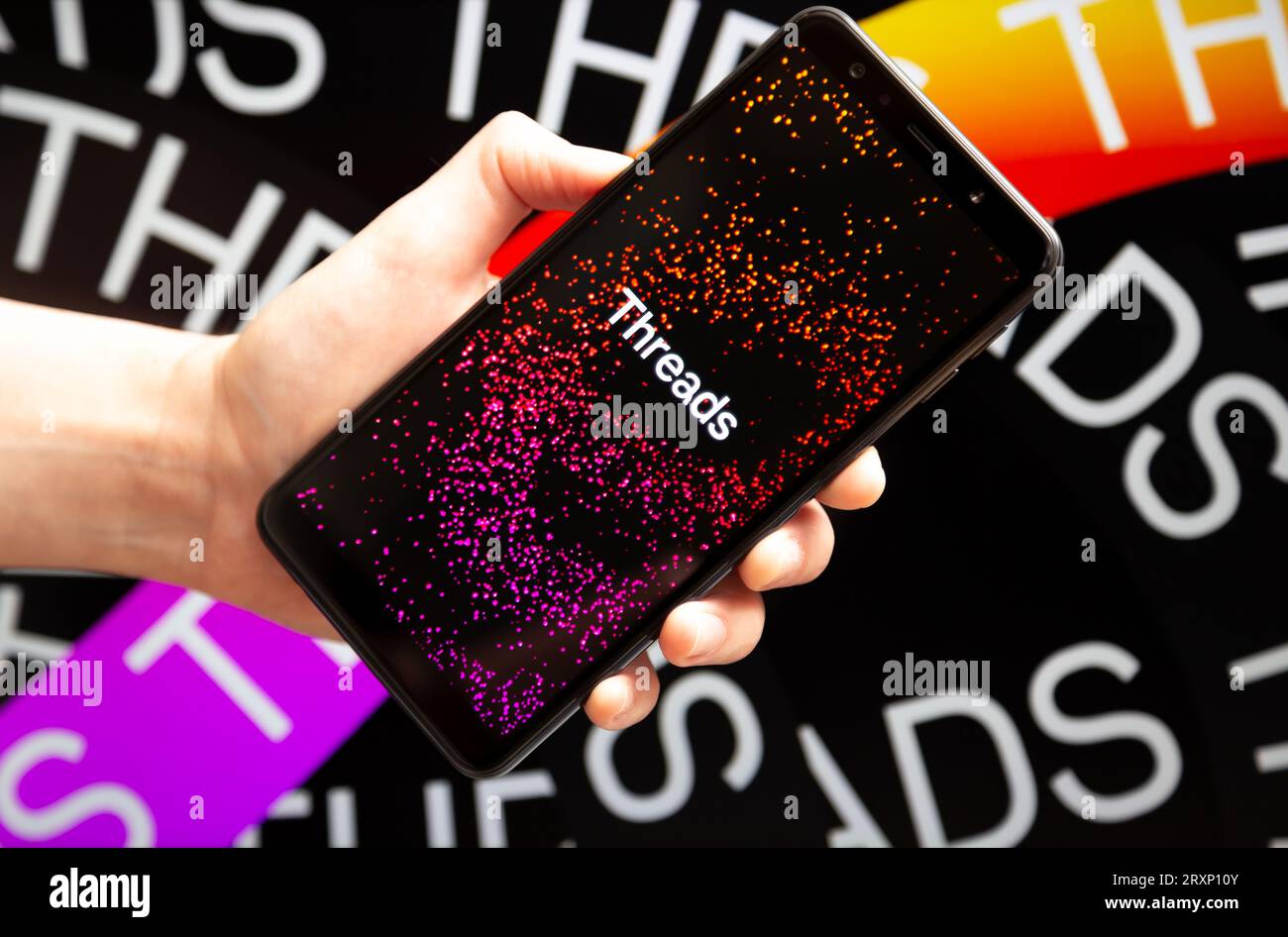 Ukraine, Odesa - July, 7 2023: Hand holding mobile with Threads app ...