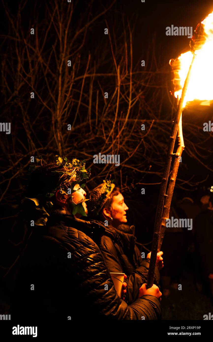 Traditional wassailing ceremony with flaming torches in Somerset ...