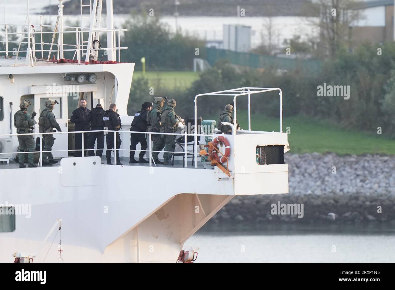Military personnel onboard a cargo vessel named MV Matthew whilst it's ...