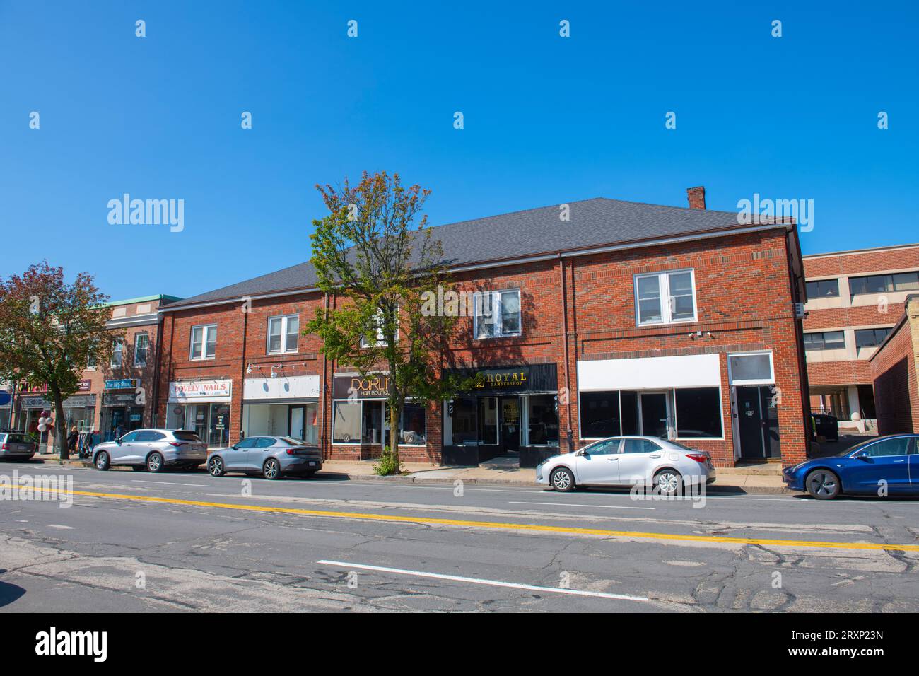 Historic commercial buildings on Great Plain Avenue at Highland Avenue ...