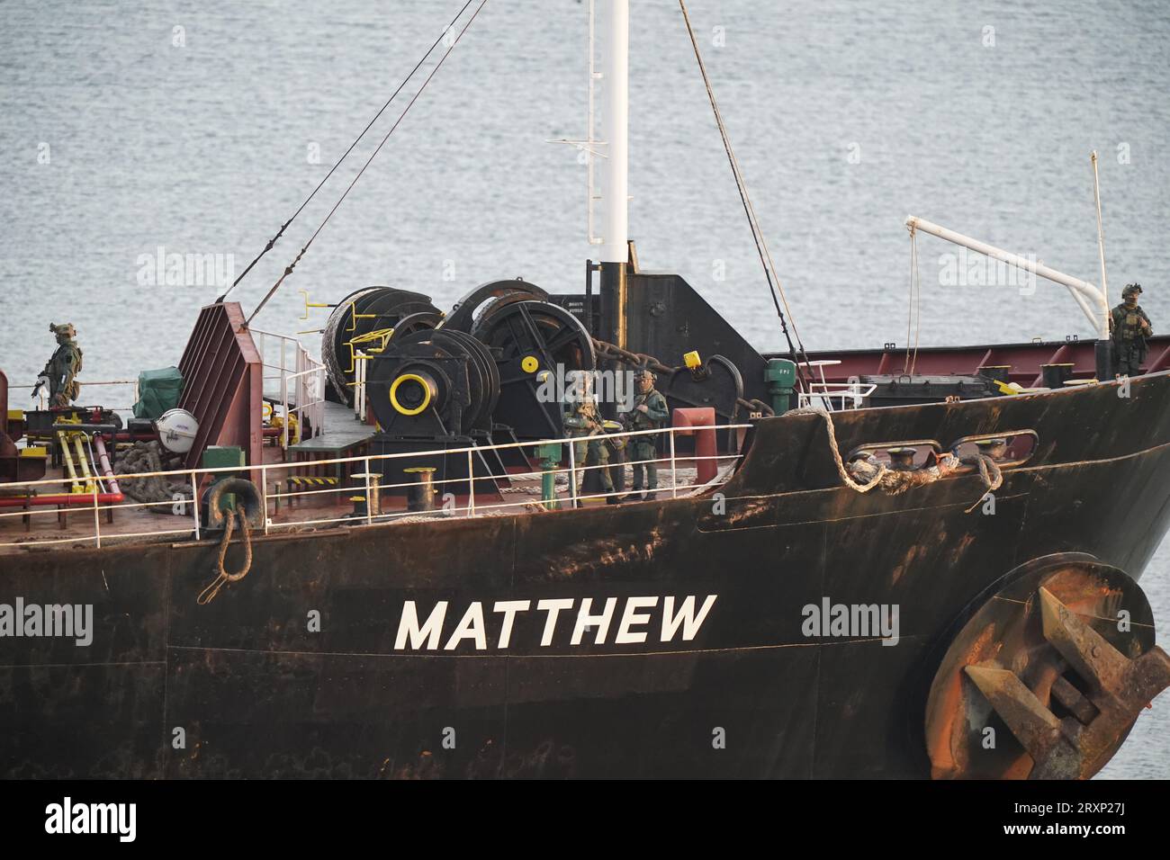 Military personnel onboard a cargo vessel named MV Matthew whilst it's ...