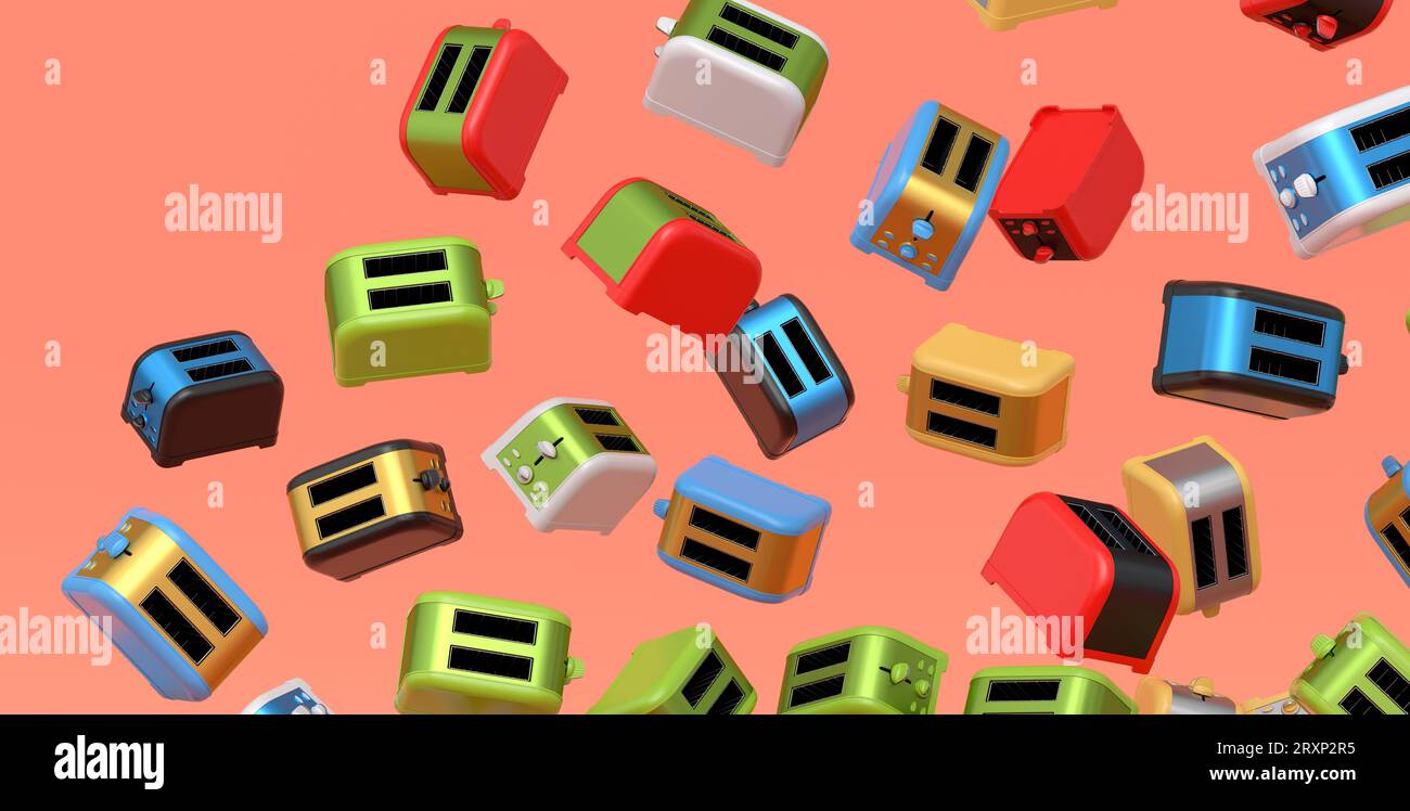 Many of flying stainless steel toaster for making toast bread on a ...