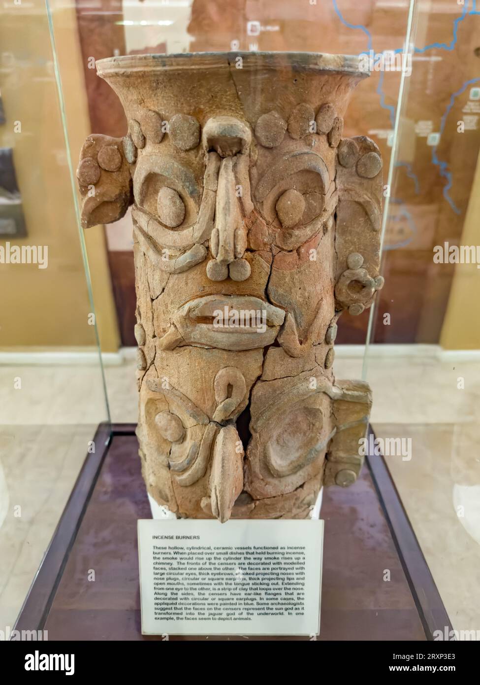 A ceramic incense burner in the museum in the Xunantunich Archeological ...