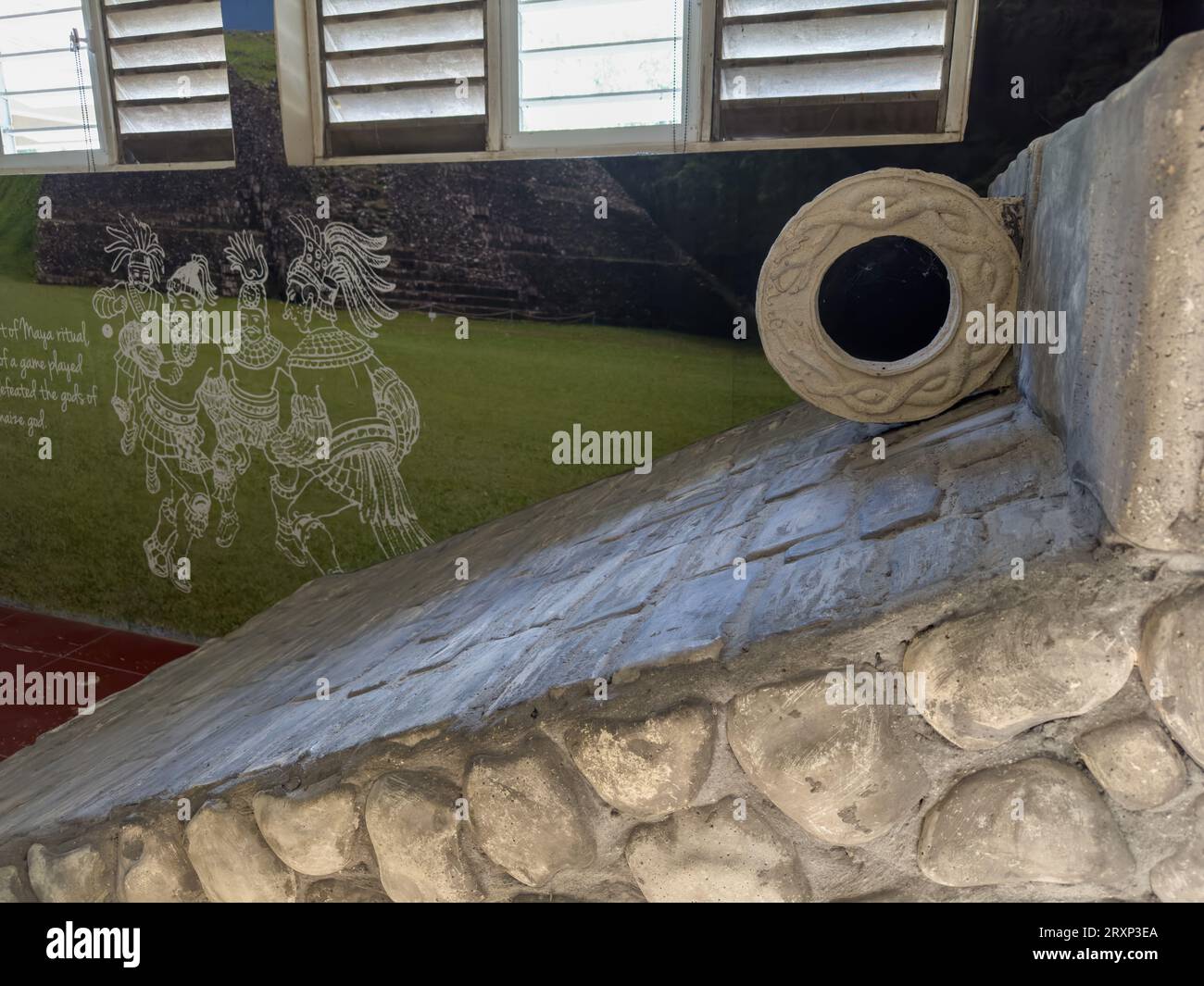 A replica of a Mayan ritual ball court in the museum in the Xunantunich ...